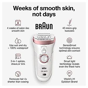 Braun Epilator Silk-épil 9 9-880, Facial Hair Removal for Women, Hair Removal Device, Wet & Dry, Facial Cleansing Brush, Women Shaver & Trimmer, Cordless, Rechargeable, Beauty Kit