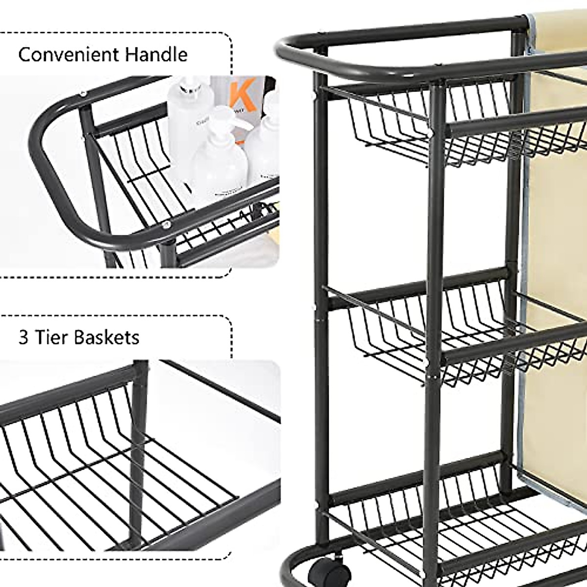 Lucalda Laundry Sorter Cart Movable Bathroom Organizer Gray Laundry Storage Baskets with Heavy Duty Rolling Wheels 3-Tier Storage Shelves with 1 Bag for Clothes