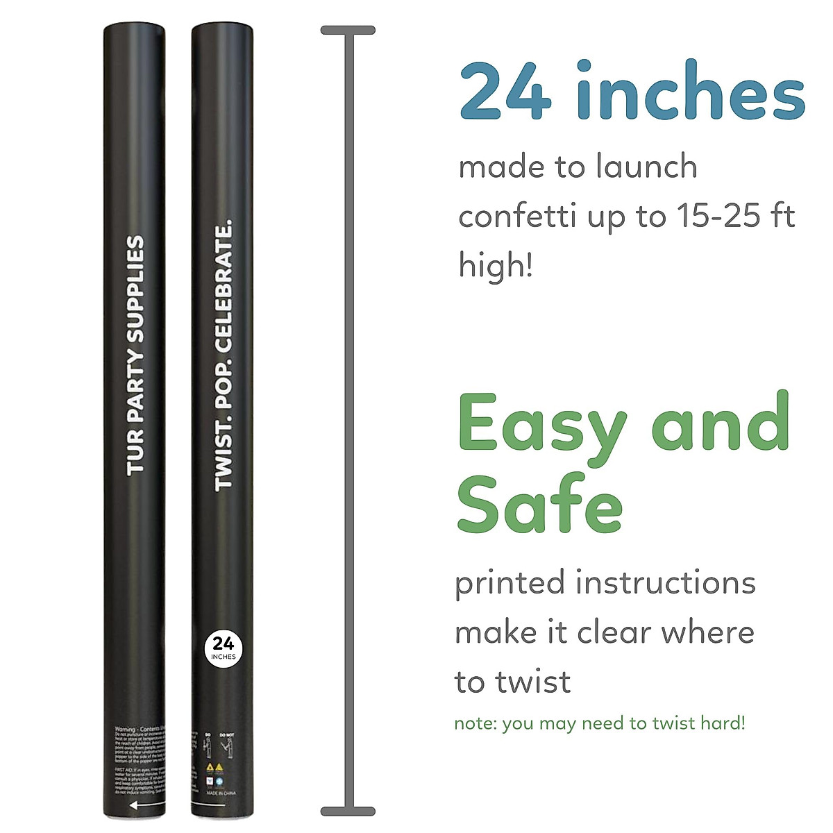 2 Pack X-Large Multicolor Biodegradable Confetti Cannon Confetti Poppers | Multicolor | TUR Party Supplies | Launches Up to 35ft | Jumbo (24 in) | Party Poppers for Graduation, Birthdays and Weddings.