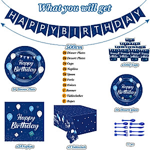171 Pieces Happy Birthday Party Tableware Set Birthday Decoration Birthday Banner and Tablecloths Plates Cups Napkins Party Dinnerware for 24 Guests Party Supplies (Blue and Silver)