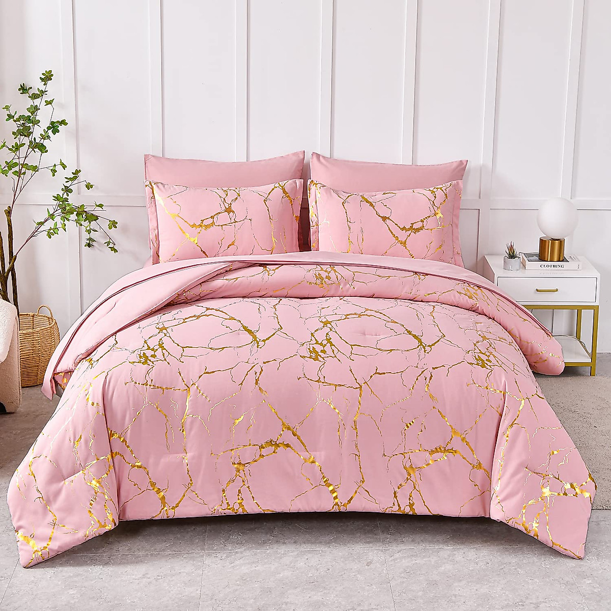 Yogeneg Gold Metallic Marble King Size Comforter Set,7 Piece Bed in a Bag,Foil Print Glitter Pink Comforter and Sheet Set,All Season Soft Microfiber Complete Bedding Sets(Pink,King)