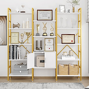 Yusong Bookshelf Triple Wide 5 Tier Bookcases with Storage Cabinet, Industrial Large Modern Tall Bookshelves with 12 Open Display Shelves for Living Room Office Bedroom, White Oak and Gold