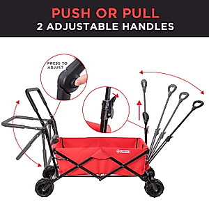 Red Wide Wheel Wagon All-Terrain Folding Collapsible Utility Wagon with Push Bar - Portable Rolling Heavy Duty 150 Lbs Capacity Canvas Fabric Cart Buggy - Beach, Garden, Sporting Events, Park, Picnic