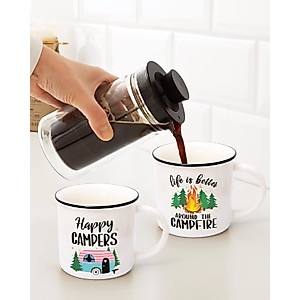 Nefelibata Camping Coffee Mug Set of 4 Happy Campers Campfire Tea Cups for Coffee, Tea, Milk Travel Ceramic Mug Camping Lover Holiday Gifts