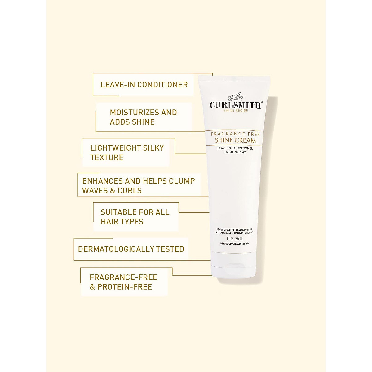 CURLSMITH - Shine Cream, Leave-In Conditioner, Moisturising, Sensitive, Fragrance Free for All Curl and Hair Types, Vegan (8 fl oz)