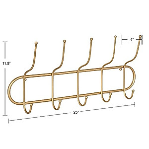 Kate and Laurel Vaida Boho Wall Mounted Coat Rack, 25 x 4 x 12, Gold, Five Decorative Glam Double Sided Coat Hooks and Hat Rack with Trendy Capsule Shape