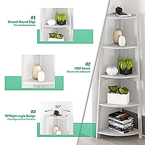 VIVIJASON 5 Tier Corner Shelf – Modern Wall Corner Storage Rack Plant Stand Small Bookshelf - Freestanding Ladder Shelf Display Organizer for Living Room, Kitchen, Home Office, Small Space (White)