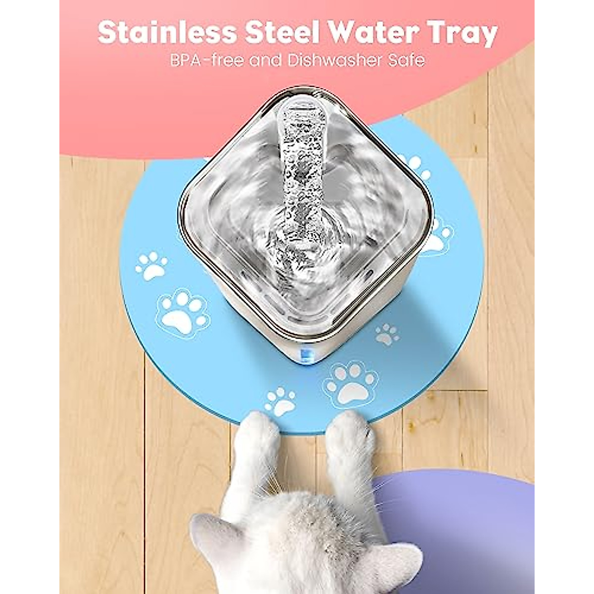Petnimal Cat Water Fountain, 74oz/2.2L 304 Stainless Steel Cat Fountain Water Bowl with Water Level, Quiet Automatic Pet Water Fountain with Silicone Mat, Pet Fountain for Cats Dogs Multiple Pets