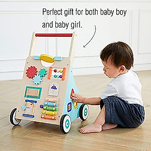 Asweets Wooden Baby Walker Push and Pull Learning Activity Walker for Boys and Girls Sit to Stand Learning Walker Toddler Toy (Color)