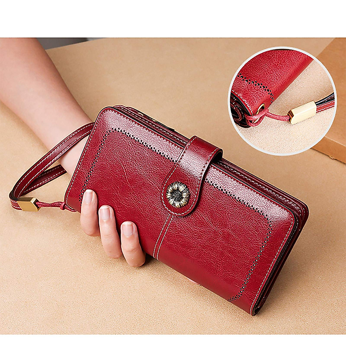 Ladies Wallet Leather Long Multifunction Clutch Wallet Retro Wax Leather Ladies Wallet