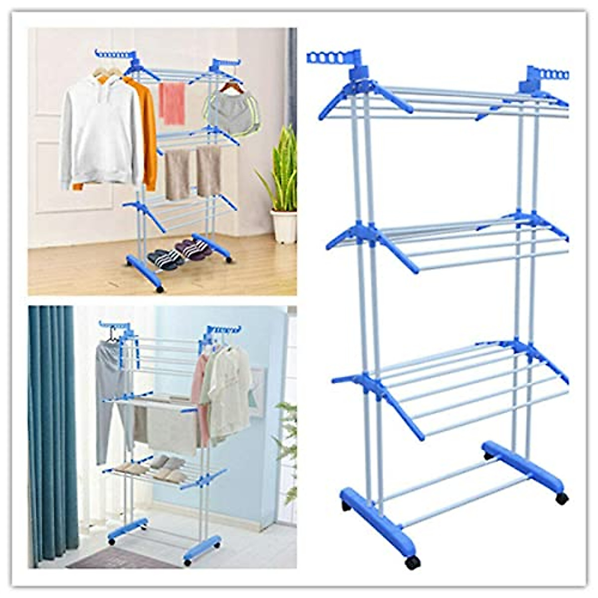 Gdrasuya10 66" Blue Folding Dryer Hanger with Casters, 3-Layer Portable Stand Towel Rack Clothes Drying Rack for Outdoor or Indoor (Blue)