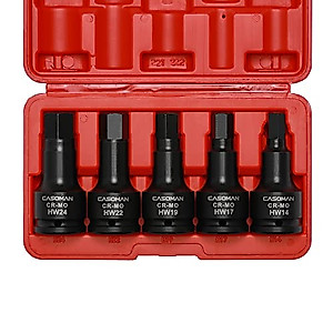 CASOMAN 3/4 Inch Drive Impact Hex Driver Set, 5-Pieces, Metric, 14mm, 17mm, 19mm, 22mm, 24mm, 3/4" Drive Master Impact Hex Bit Set, CR-MO, Impact Grade, One-Piece Construction