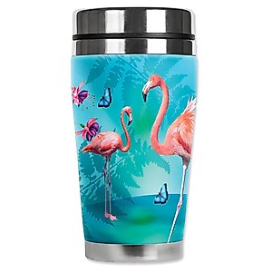 Mugzie Flamingo's & Butterflies Travel Mug with Insulated Wetsuit Cover, 16 oz, Black