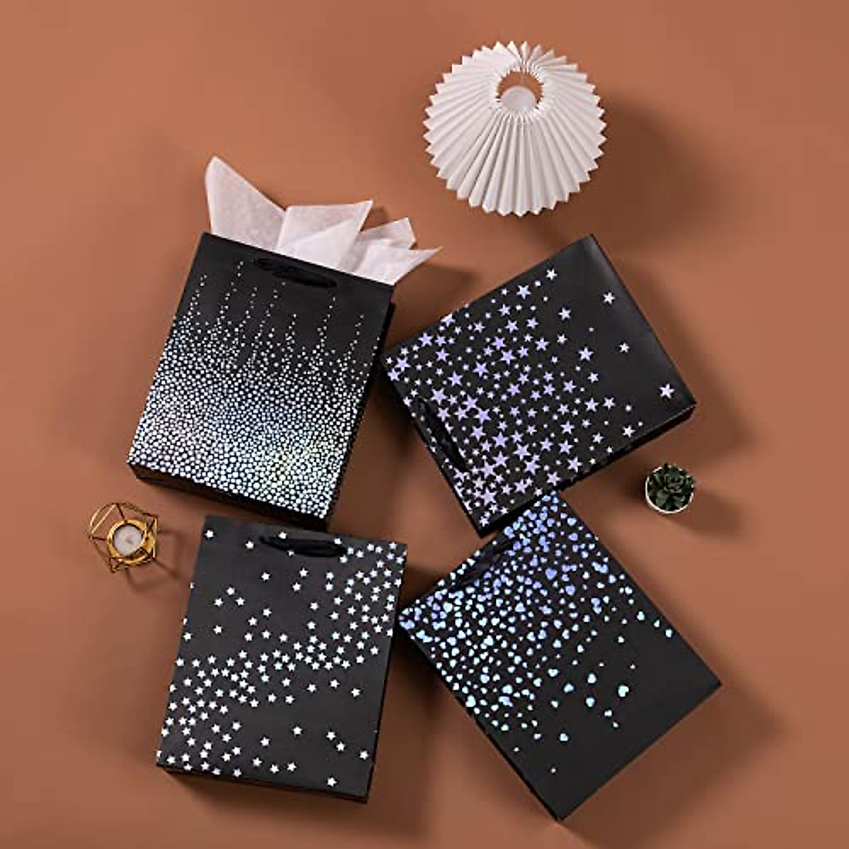 OfficeCastle 4 Pack Large Black Gift Bags with Tissue Paper, 13" Gift Bags with Star Pattern, Perfect for Birthdays, Showers, Weddings and Parties | 10" Lx5 Wx13 H, Thick Paper Bags