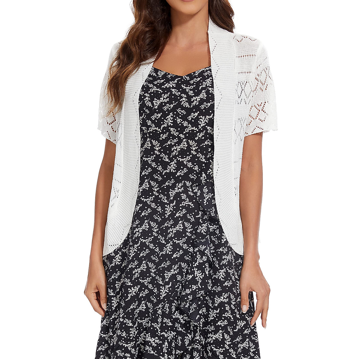 XUNZRLN Women's Elegant Short Sleeve Shrug Lightweight Soft Hollow Out Knit Open Front Cardigan White