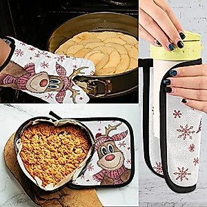 Cute Christmas Winter Deer Oven Mitts and Pot Holders Set Xmas Reindeer Funny Snowflake Hot Pad Glove Baking for New Year Holiday Seasonal Decor Kitchen Cooking BBQ Baking Bakeware