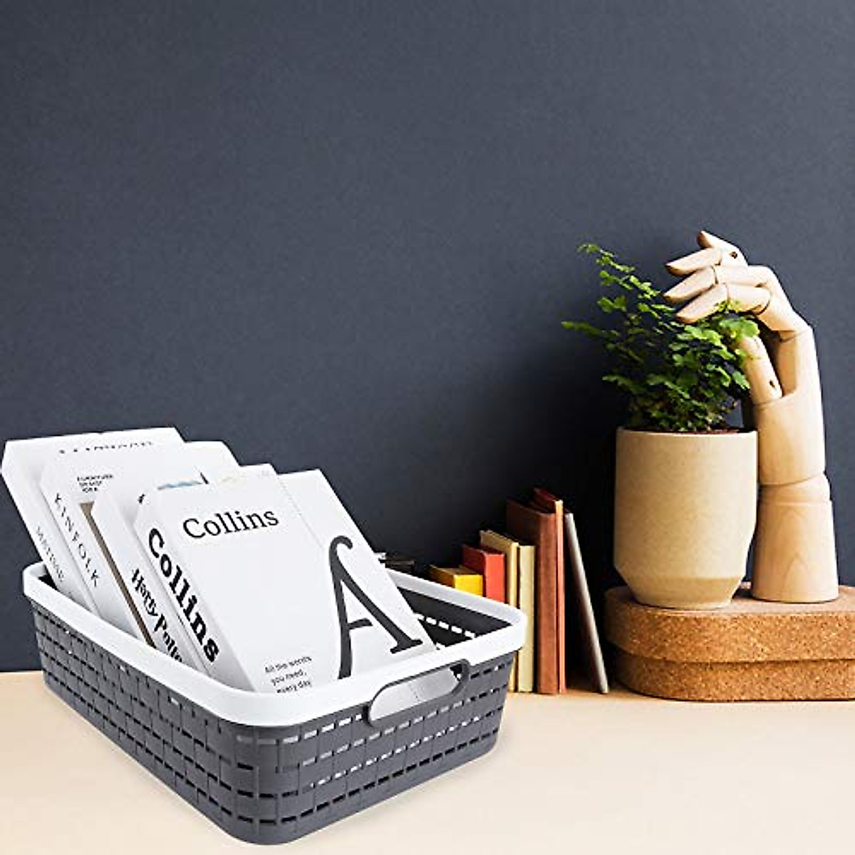 CertBuy 3 Pack Plastic Storage Baskets 14 x 10 x 4.5 Inch, Large Weave Storage Bins with Handle for Cabinet, Shelf, Kitchen, Bedroom, Bathroom and Office – Dark Grey