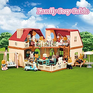 Family Cozy Cabin Doll House Playset, Dollhouse Furniture and Accessories,DIY Cottage Pretend Play Dollhouses, for Toddlers, Boys & Girls