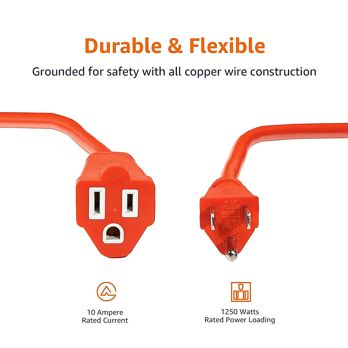 Amazon Basics 100-Foot 3-Prong Vinyl Indoor/Outdoor Extension Cord - 10 Amps, 1250 Watts, 125 VAC - Orange