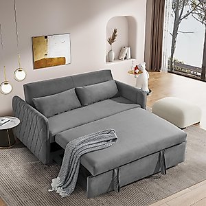 Velvet Pull Out Sofa Bed, 3 in 1 Convertible Loveseat Sleeper, Pull Out Couch with Adjustable Backrest, Side Pocket and 2 Throw Pillows, Chaise Lounge Futon Couch for Living Room Bedroom (Grey)