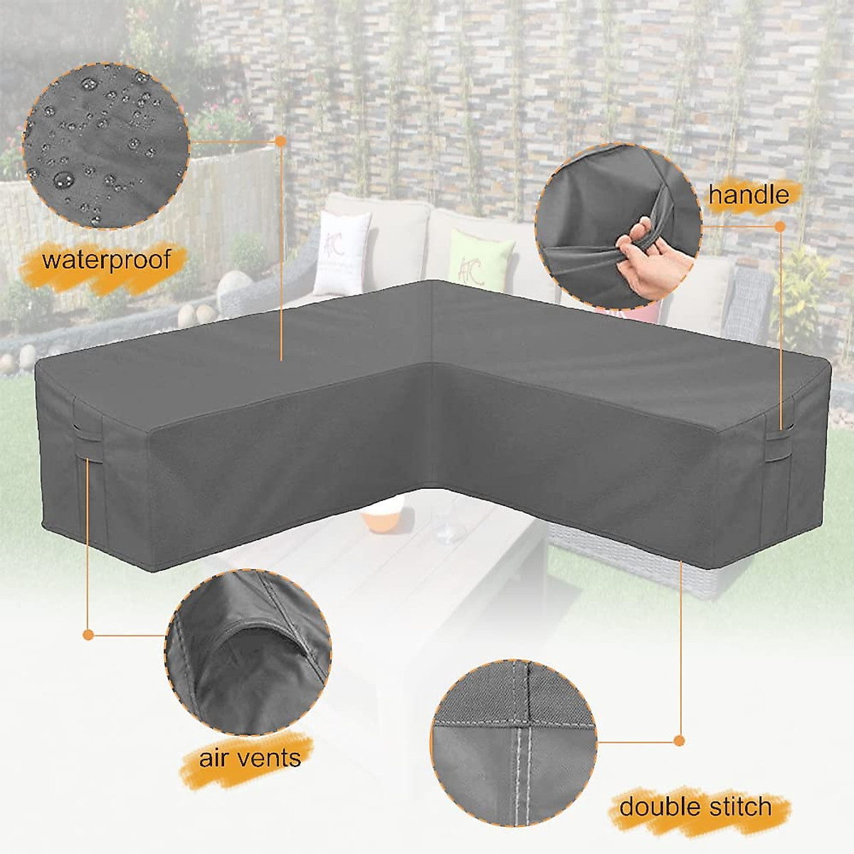 SUNSURE Patio L-Shaped Sectional Sofa Cover Waterproof Outdoor Furniture Cover 420D Heavy Duty V-Shaped Sectional Couch Cover Gray Lawn Garden Furniture Set Covers with Buckle Strap (V118x118in)