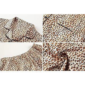Umeyda Women's Short Sleeve Sleepwear Button Down Silk Satin 2 Piece Pajama Set, Leopard White, Small