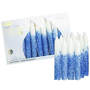 Shabbat Candles by Rite Lite - 12 Pieces - Packaged in a Beautiful Box with an Artistic Card Hanukkah (Premium White & Blue)