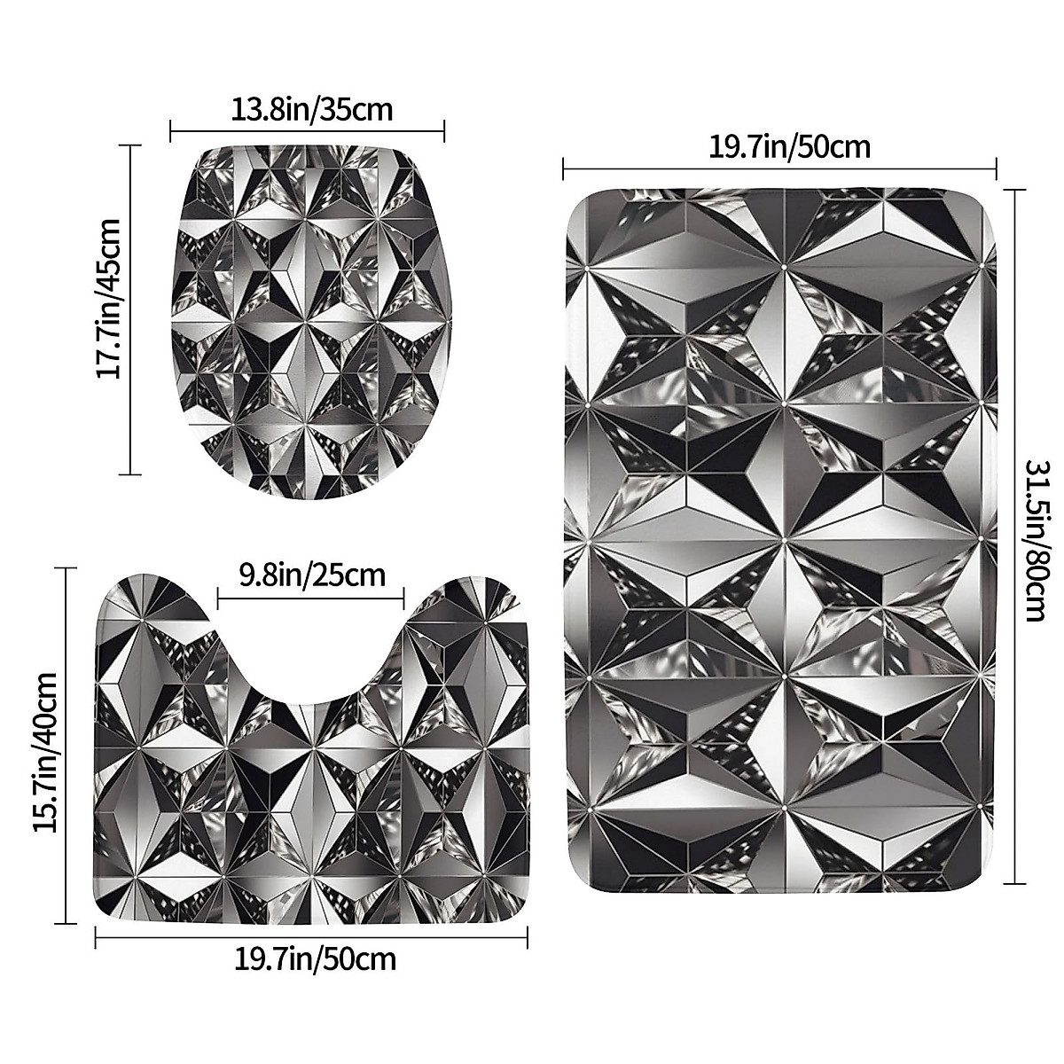 Dwrepo 3 Piece Bathroom Rug Flannel Absorbent Non-Slip Bath Mat Diamond Pattern Print Washable Floor Mat Ultra Soft U-Shaped Contour Mat for Toilet Lid Cover Bathroom Bedroom Tub 31.5 X 20 in