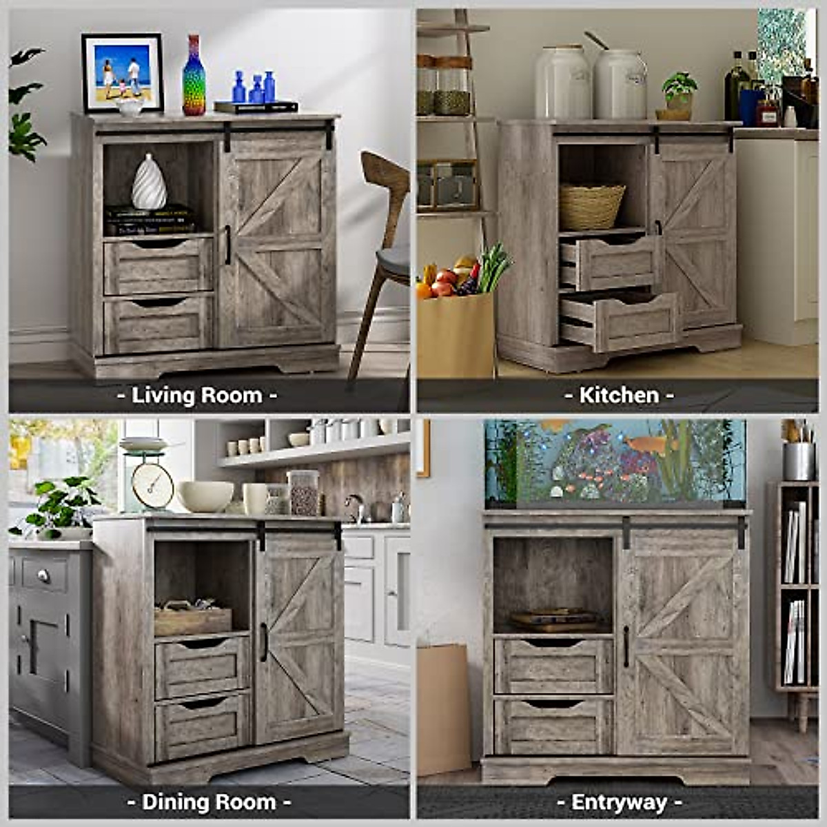 Ahvqevn Farmhouse Coffee Bar Cabinet, 33.64" Coffee Bar Cabinet with 2 Drawers and 3 Open Storage Shelf, Kitchen Hutch Buffet Storage Cabinet Design for Kitchen, Living Room, Entryway, Grey