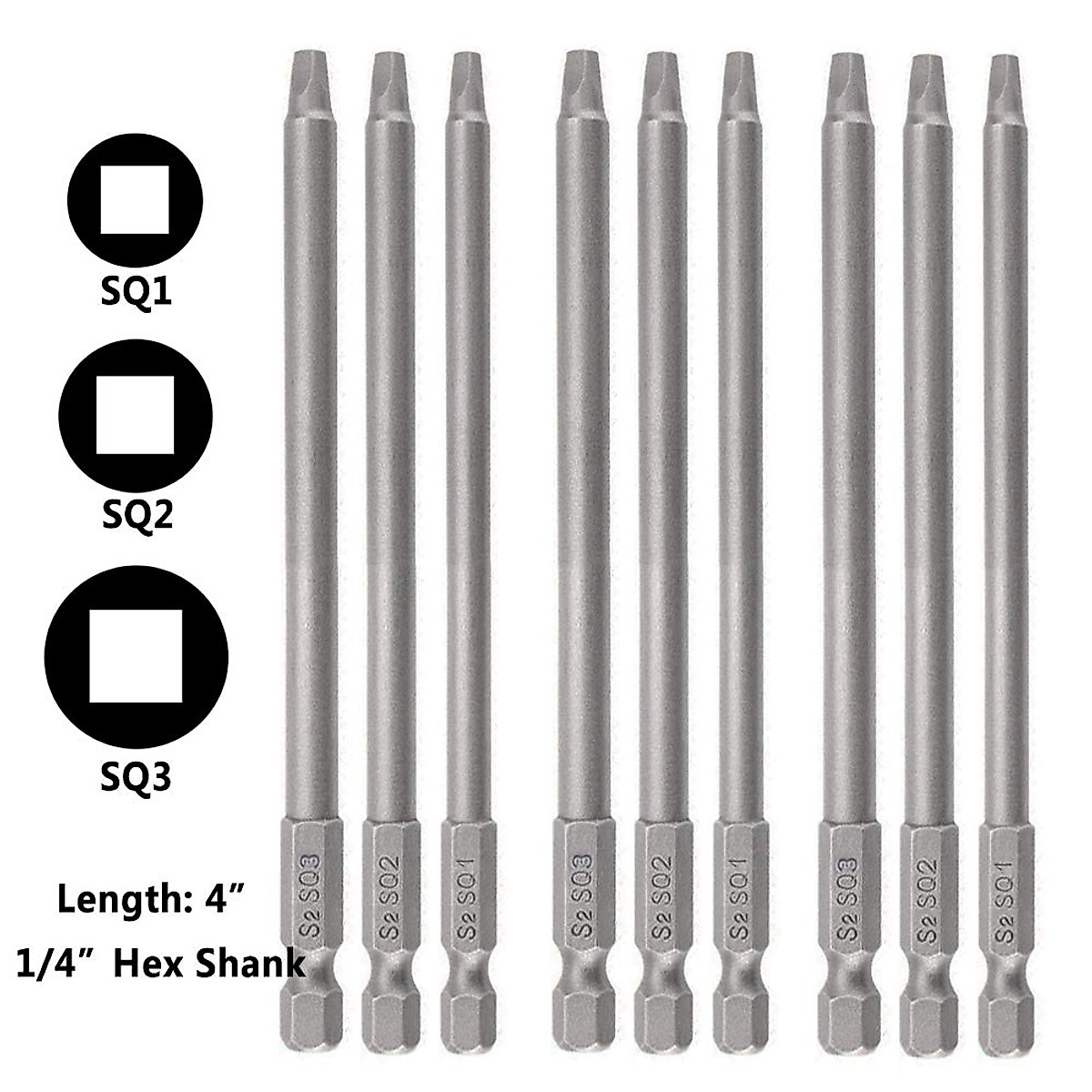 Yakamoz 3 Set of 3Pcs 1/4-Inch Shank 4-Inch Length Long Magnetic Square Head Screwdriver Bits Set Power Tools SQ1 SQ2 SQ3