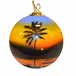 Blown Glass Christmas Ornament | Sunset Palm Trees and Seagulls | Hand Painted Inside | Original Art | Includes Gift Box