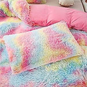 PERFEMET Pink Faux Fur Fluffy Comforter Twin 3-Piece Colorful Rainbow Plush Shaggy Bedding Sets for Girls Tie Dye Fuzzy Furry Comforter Set(Pink, Twin)