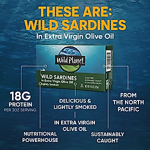 Wild Planet Wild Sardines in Extra Virgin Olive Oil, Lightly Smoked, Tinned Fish, Sustainably Wild-Caught, Non-GMO, Kosher, Gluten Free, 4.4. Ounce (Pack of 12)