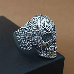 Sugar Skull Ring for Men Women sterling silver - Santa Muerte - Day of the dead Gothic Biker Ring Vintage Mexican Skull Ring Sterling Silver (8)