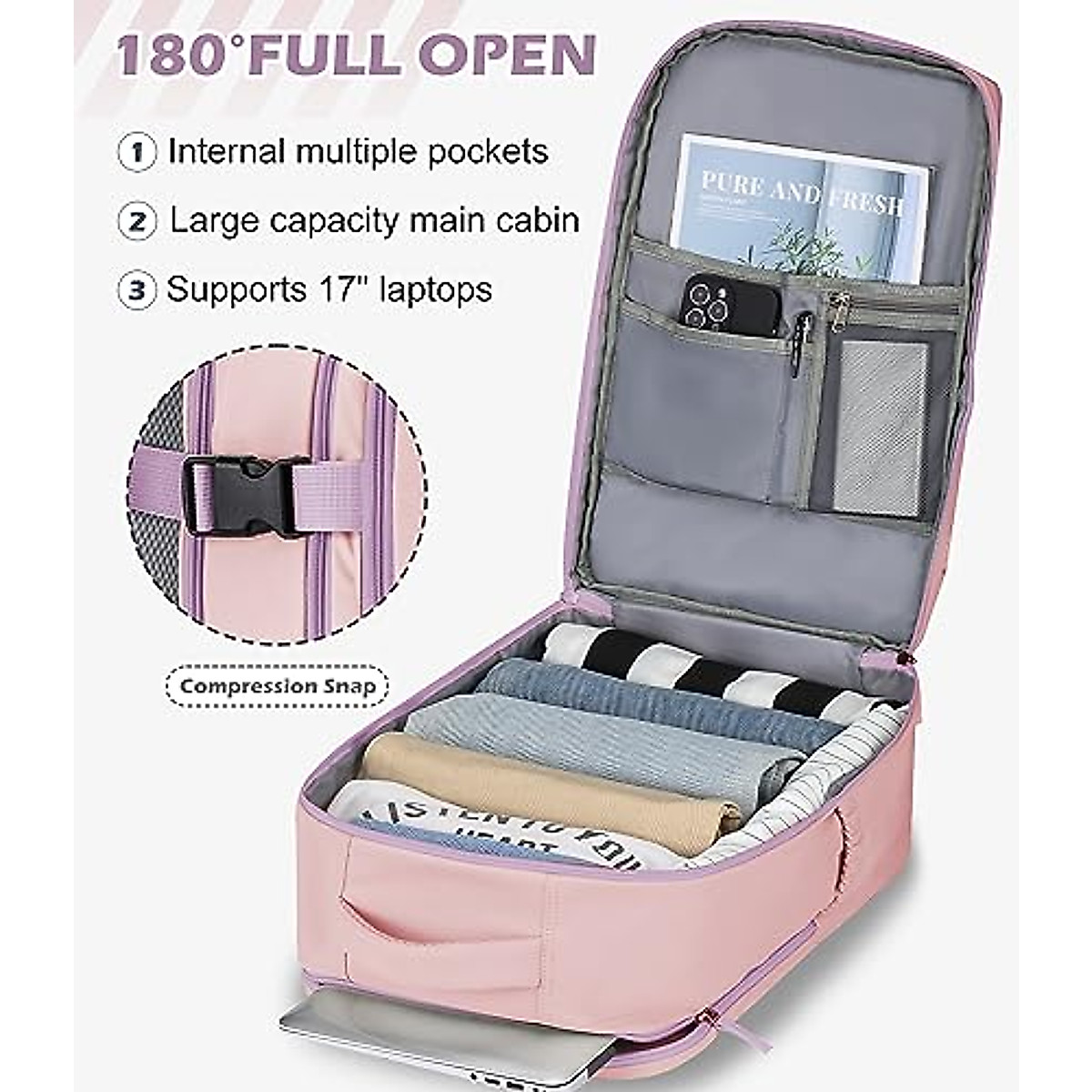 Lekakii Travel Laptop Backpacks for Women Carry On, 40L Nylon Waterproof Backpack for Traveling On Airplane, Gym Backpack Personal Item Essentials, Pink-Purple