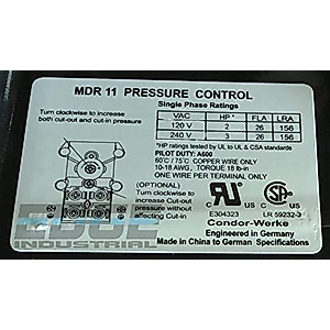 HEAVY DUTY CONDOR USA PRESSURE SWITCH, 26AMP, 11GA2E, 100/125 PSI,1/4" FNPT,DPST, SINGLE PORT