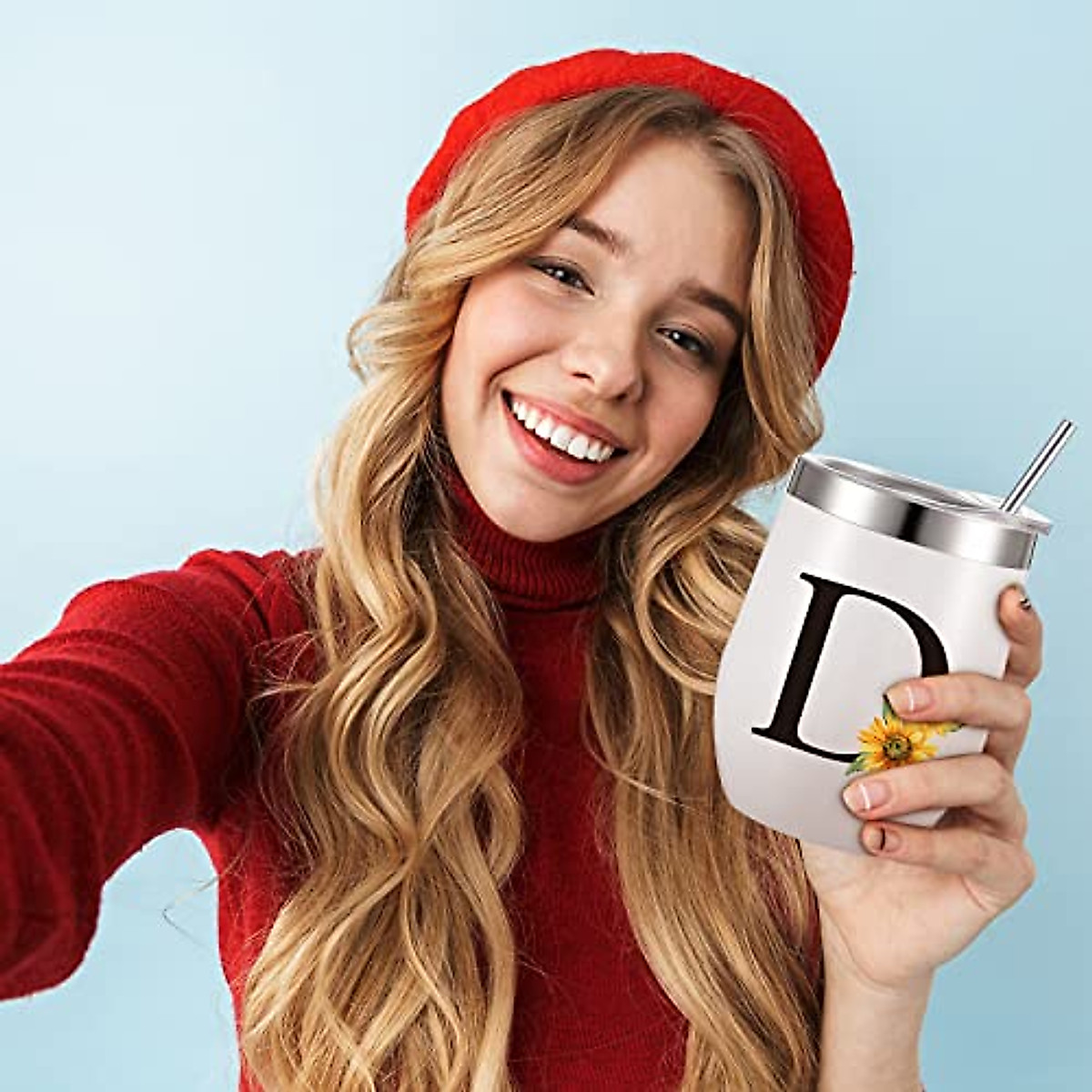 Zopeal Funny Personalized Coffee Mug Cup with Initials, Monogrammed Gift for Women Mom Teacher Birthday Christmas Wedding, 12 oz Stainless Steel Wine Tumbler with Brush Straw Gift Box(D)