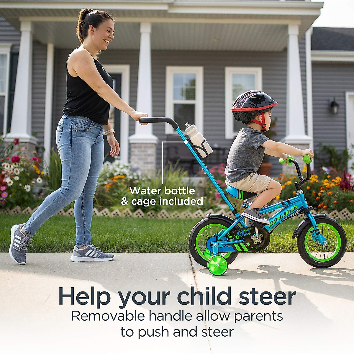 Schwinn Grit Push Steer and Ride Kids Bike, Boys Beginner Bicycle, 12-Inch Wheels, with Training Wheels, Parent Push Handle, Water Bottle and Holder, Blue