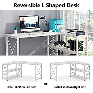 Tribesigns Reversible Industrial L-Shaped Desk with Storage Shelves, Corner Computer Desk PC Laptop Study Table Workstation for Home Office Small Space (White, 53")