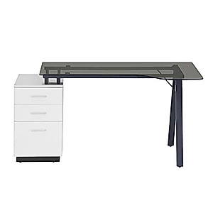 Techni Mobili Modern Smoke Tempered Glass top & Storage Home Office Computer Writing Desk Workstation with Two Cupholders and a Headphone Hook-Pine, 59.5" D x 29.25" W x 29.5" H, White