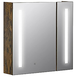 kleankin 27.5 Inch x 25.5 Inch LED Lighted Medicine Cabinet with Mirror, Wall Mounted Dimmable Bathroom Cabinet with 3-Tier Storage Shelves, Smart Touch, and USB Charge, Dark Wood Grain