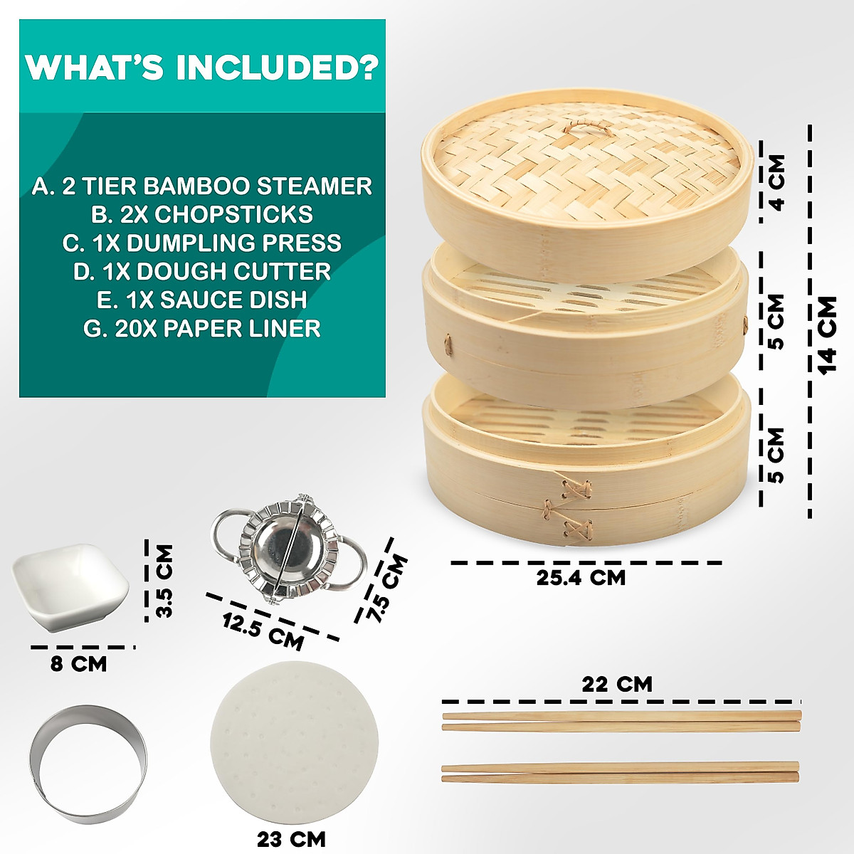 Dumpling Bamboo Steamer for Cooking with a Lid 10 Inch 2 | Tier Wooden Basket with 2 Pair of Chopsticks | Bun Steamer Basket | 1 Dumpling Maker, Sauce Dishes, and 20 Liners | Food Steamer basket