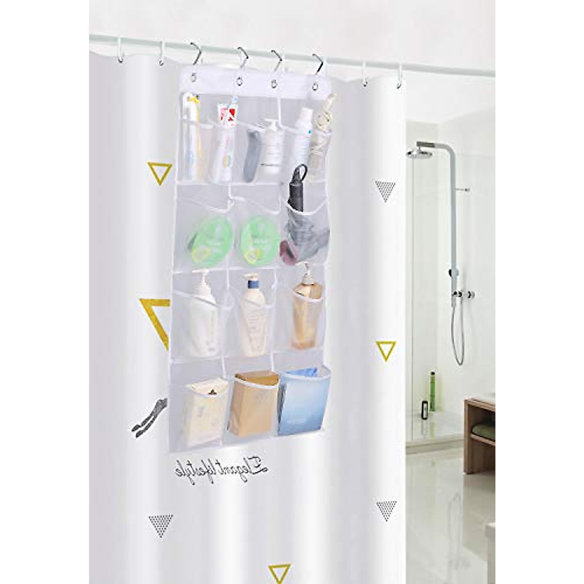 MISSLO Mesh Shower Organizer Hanging 15 Pockets Over the Door Bathroom Storage, Extra Large Capacity for Toiletry Accessories, White