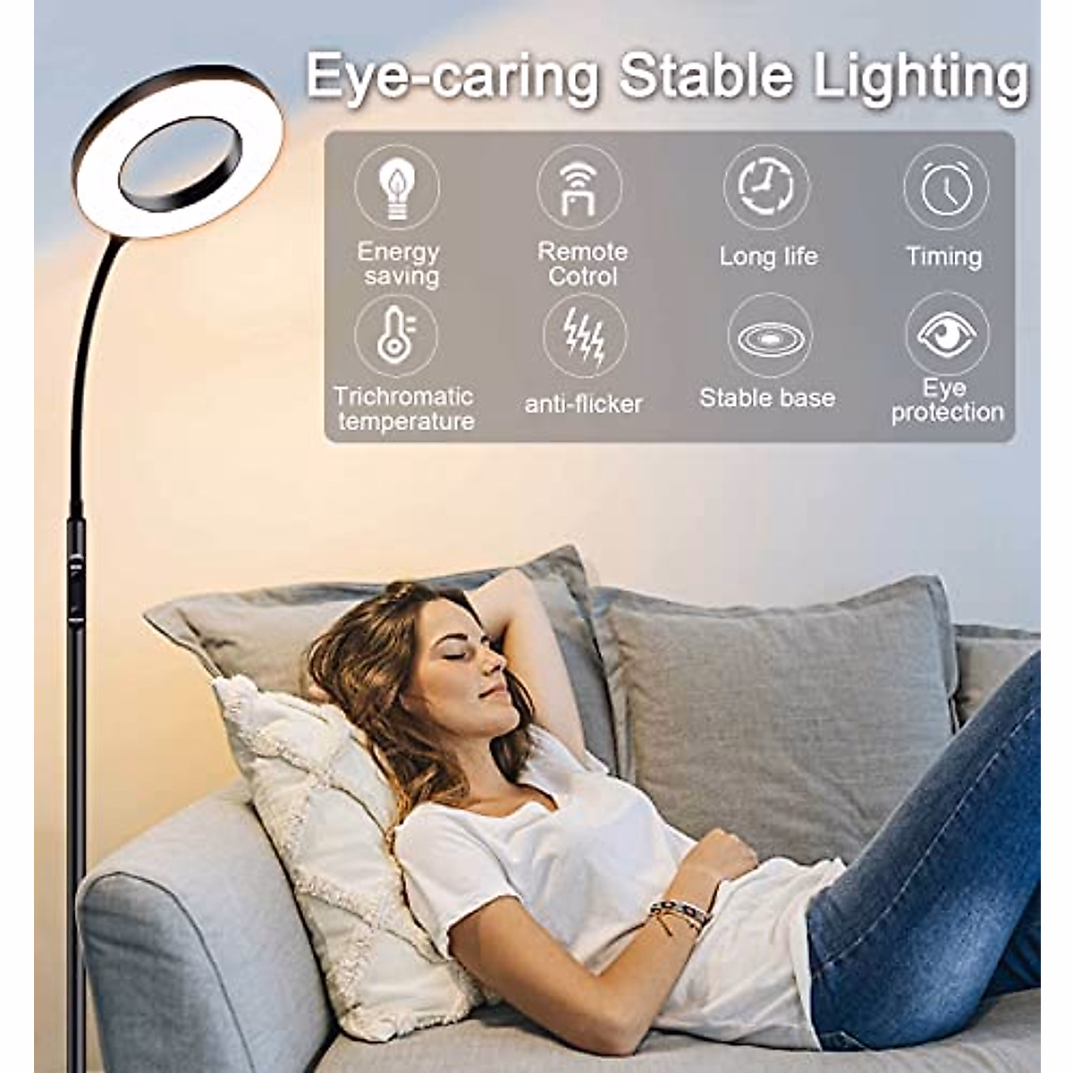 vividstarry Modern LED Floor Lamp with Remote & Touch Control, 2700K-6500K Bright Dimmable Floor Reading Lamp for Living Room/Bedroom/Office, Gooseneck Task Lights 10-100% Brightness Adjustable,Timer
