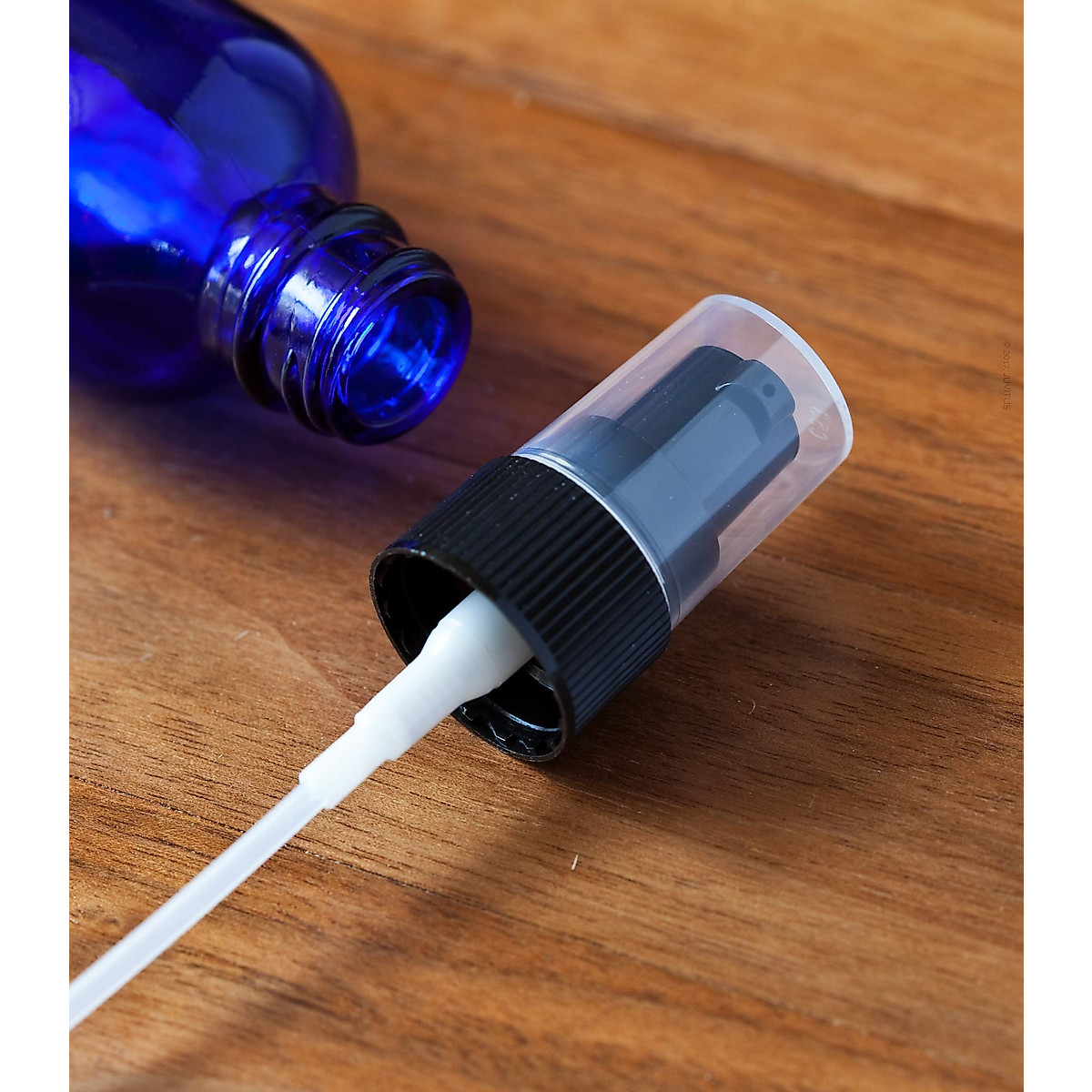 JUVITUS 2 oz Cobalt Blue Glass Boston Round Bottle Black Treatment Pump (12 pack) + Funnel