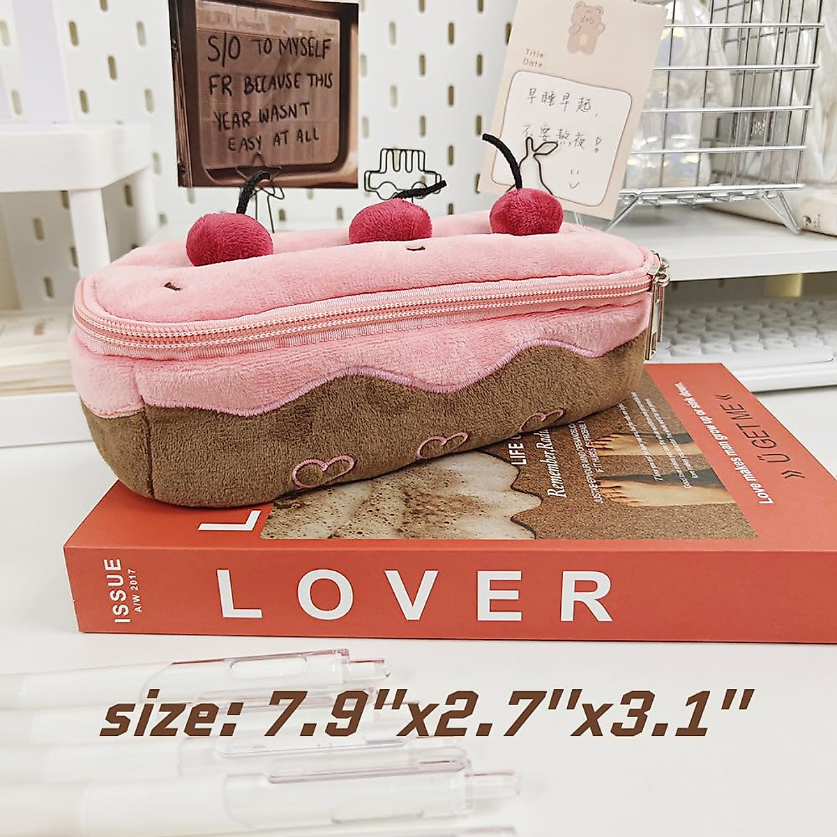 UNMULFC Plush Pencil Pouch for Adult for Women Fuzzy Pink Cherry Cake Kawaii Big Capacity Y2K Aesthetic Case Box holder Cute Estuche para lapices Organizer Cat Claw