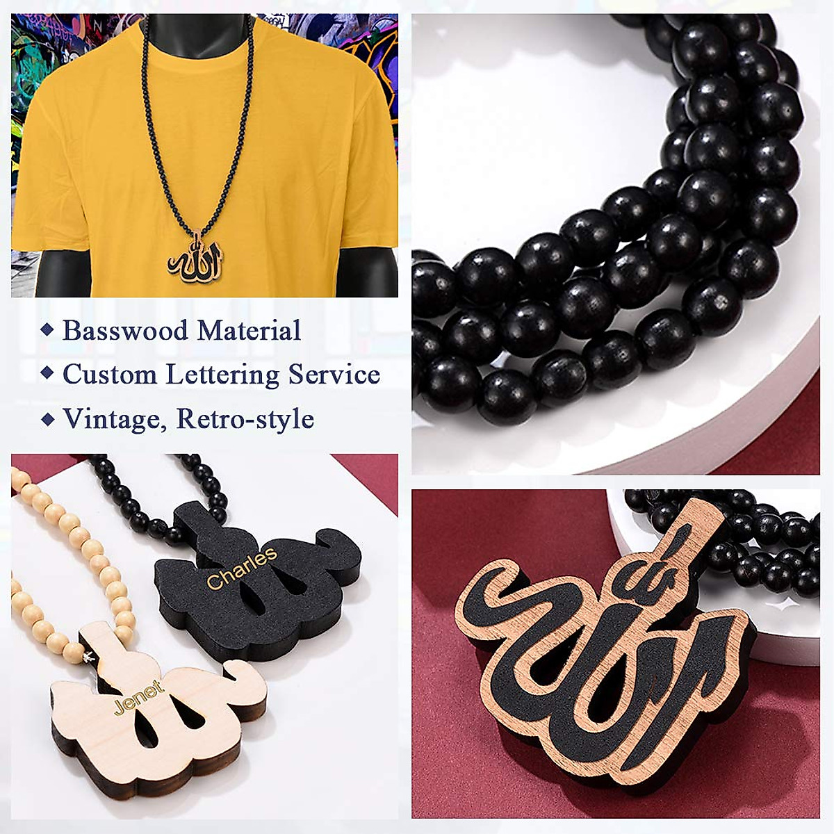 FaithHeart Moslem Jewelry Allah Bead Necklace Mens Wood Bead Chain Jewelry Women Sweater Chains 36 Inches Long Necklaces