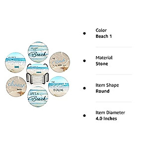 Coaster for Drinks Set of 6, Antique Teal Blue Wood Beach Absorbent Round Ceramic Stone Mat, with Cork Base and Metal Holder, Gift for Housewarming Room Bar Decor