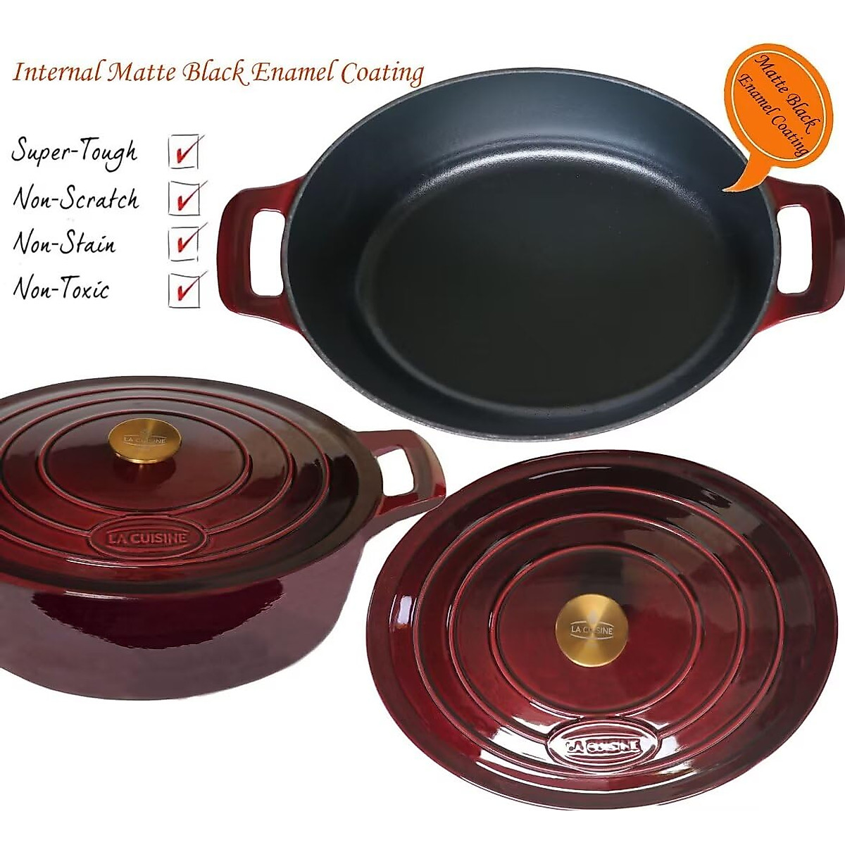 La Cuisine Enameled Cast Iron Oval Dutch Oven Casserole Dish Pot with Lid 6.75 QT Internal Matte Black Enamel Coating for bread baking, Gold-Plated Stainless Steel Lid Handle, Oven Safe up to 500° F. Cranberry