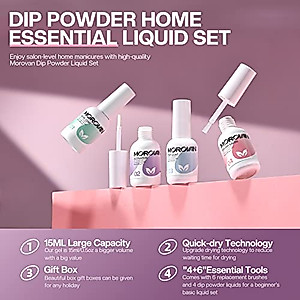 Morovan Dip Powder Liquid Set with Activator Base Top Coat and Dipping Powder Brush Saver 4pcs 0.5oz for Dip Powder Nail Kit